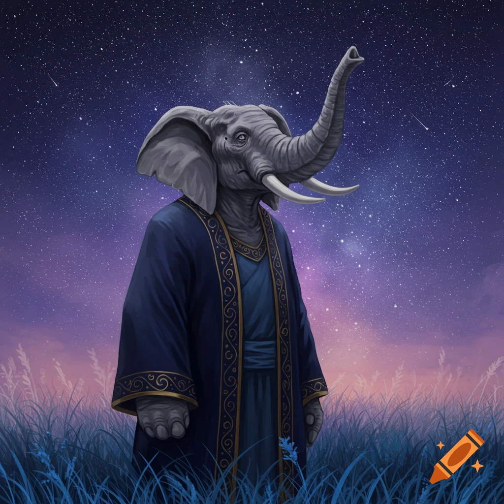 A humanoid elephant in a blue robe stands in a field under a starry ...