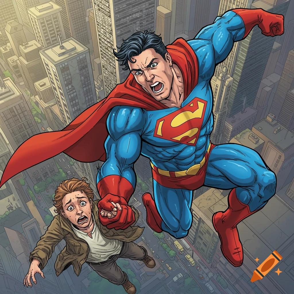 Superman flies above a city, holding the hand of a falling person ...