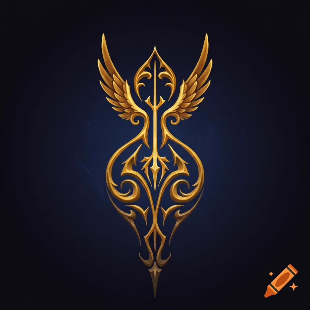 Golden winged fantasy sigil on a dark blue background on Craiyon