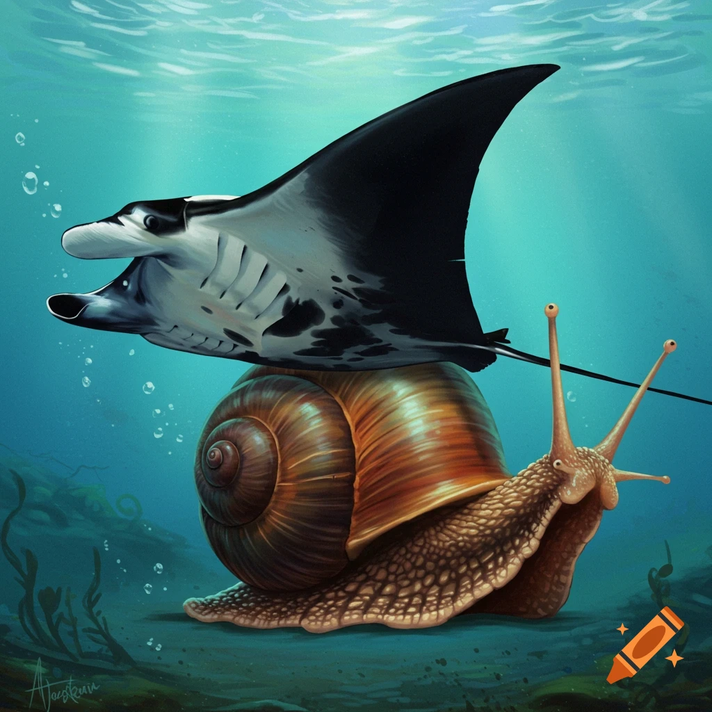 Illustration of a manta ray riding on a large snail's shell underwater ...