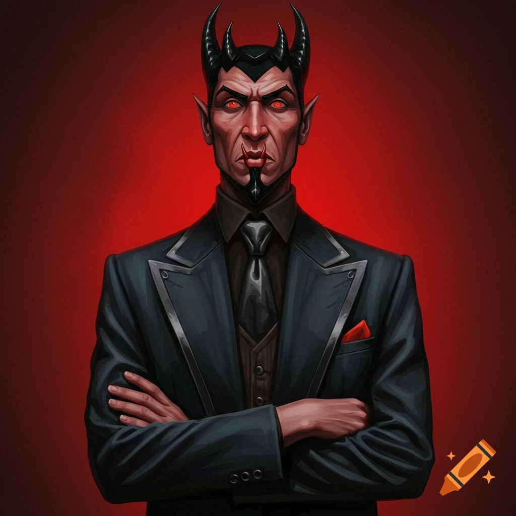 Stylized portrait of a devil character in a suit with red eyes and ...