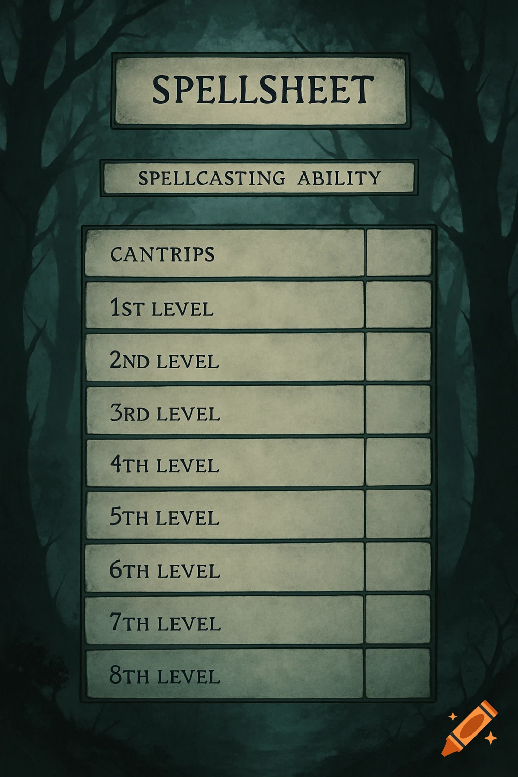 Fantasy spellsheet with a shadowy woods background. on Craiyon