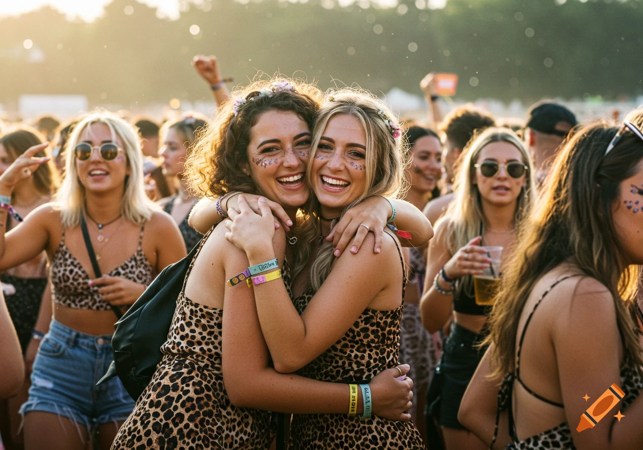 Two young women hug and smile in a crowd at a festival, wearing leopard ...