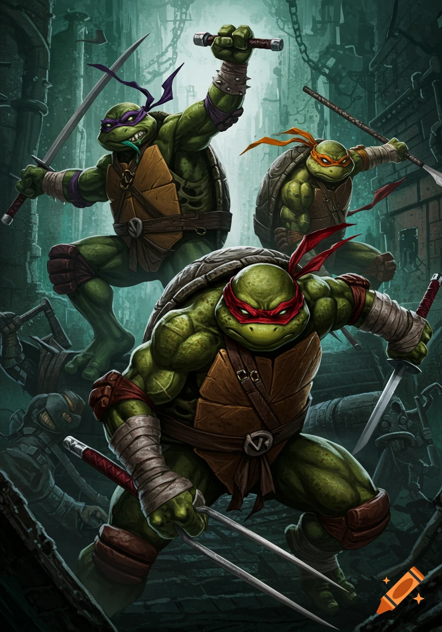 Three Teenage Mutant Ninja Turtles characters in dynamic fighting poses ...