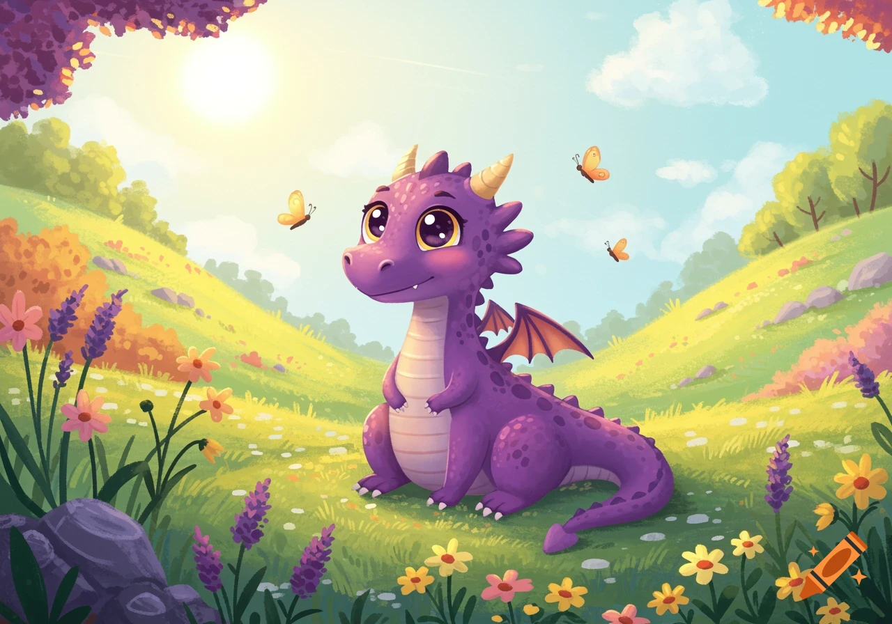 Cute purple cartoon dragon sitting in a sunny field with flowers and ...