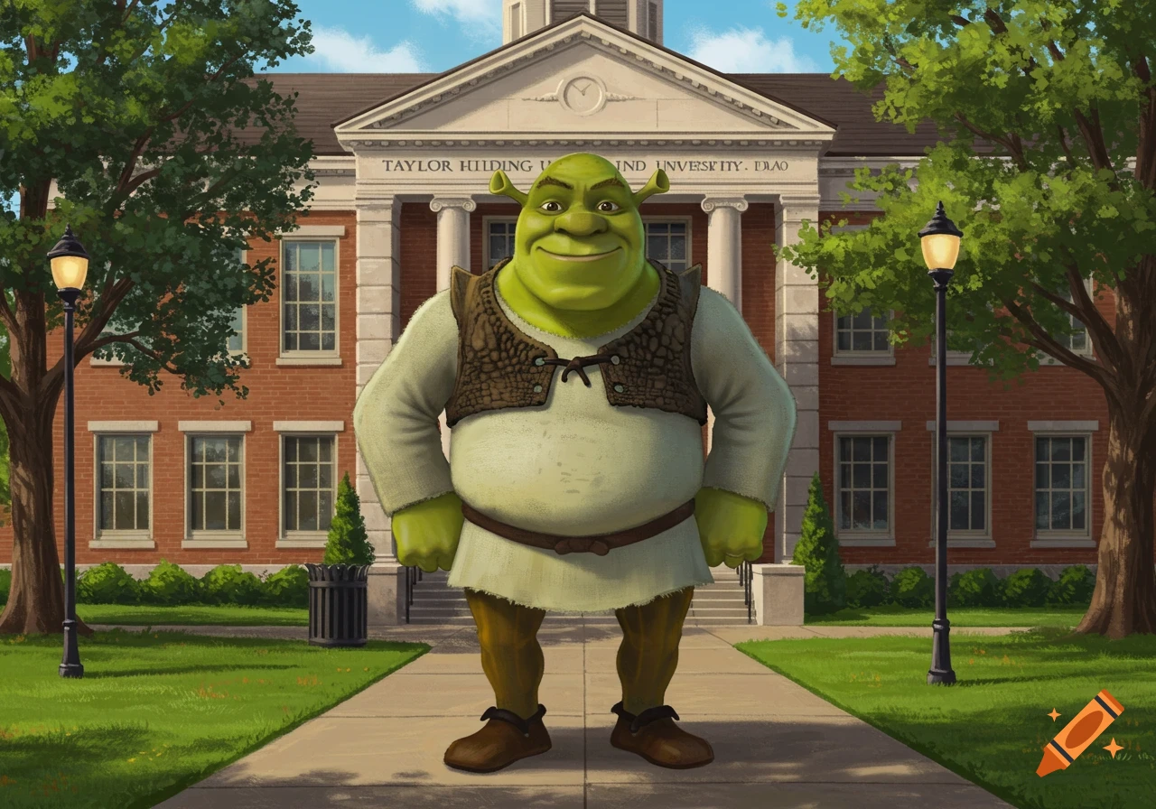 Shrek stands on a pathway in front of a large university building. on ...