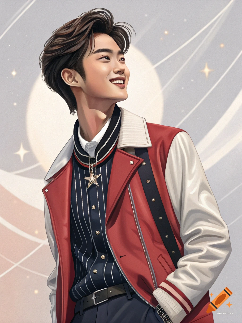 Illustration of a smiling young man in a red and white varsity jacket ...