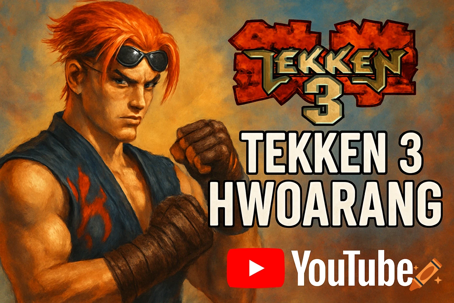 Illustration of Tekken 3 character Hwoarang with logos and text 'TEKKEN 3 HWOARANG' and 'YouTube ...