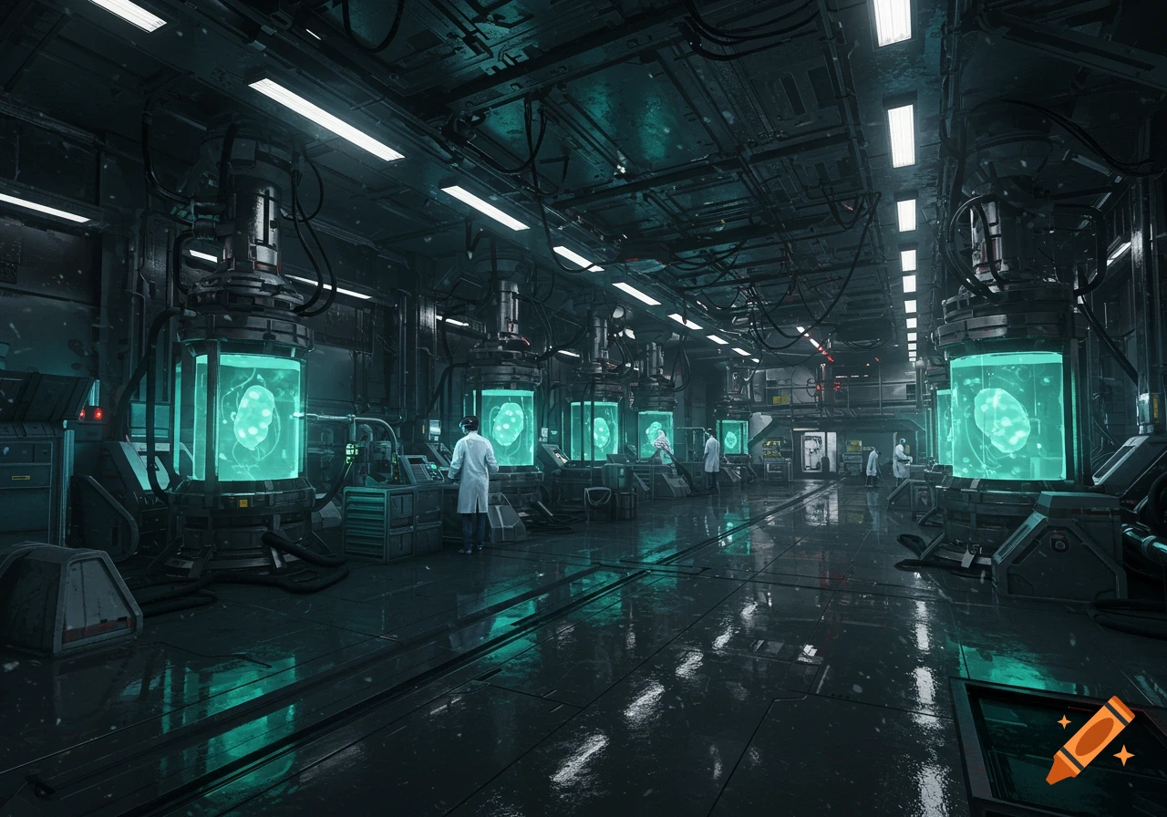 A futuristic laboratory with scientists working around large tanks ...