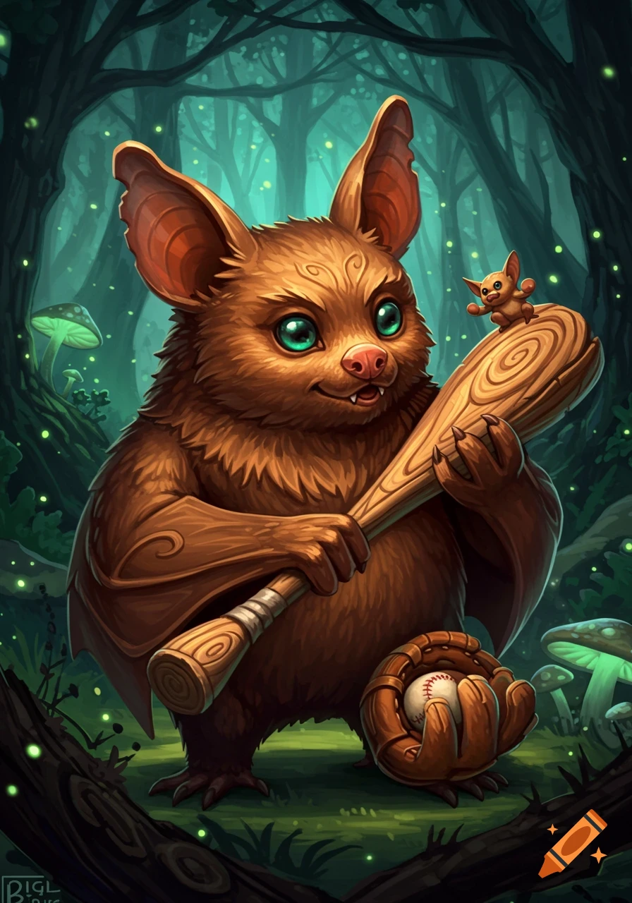A cute cartoon bat holding a baseball bat and glove in a magical forest ...