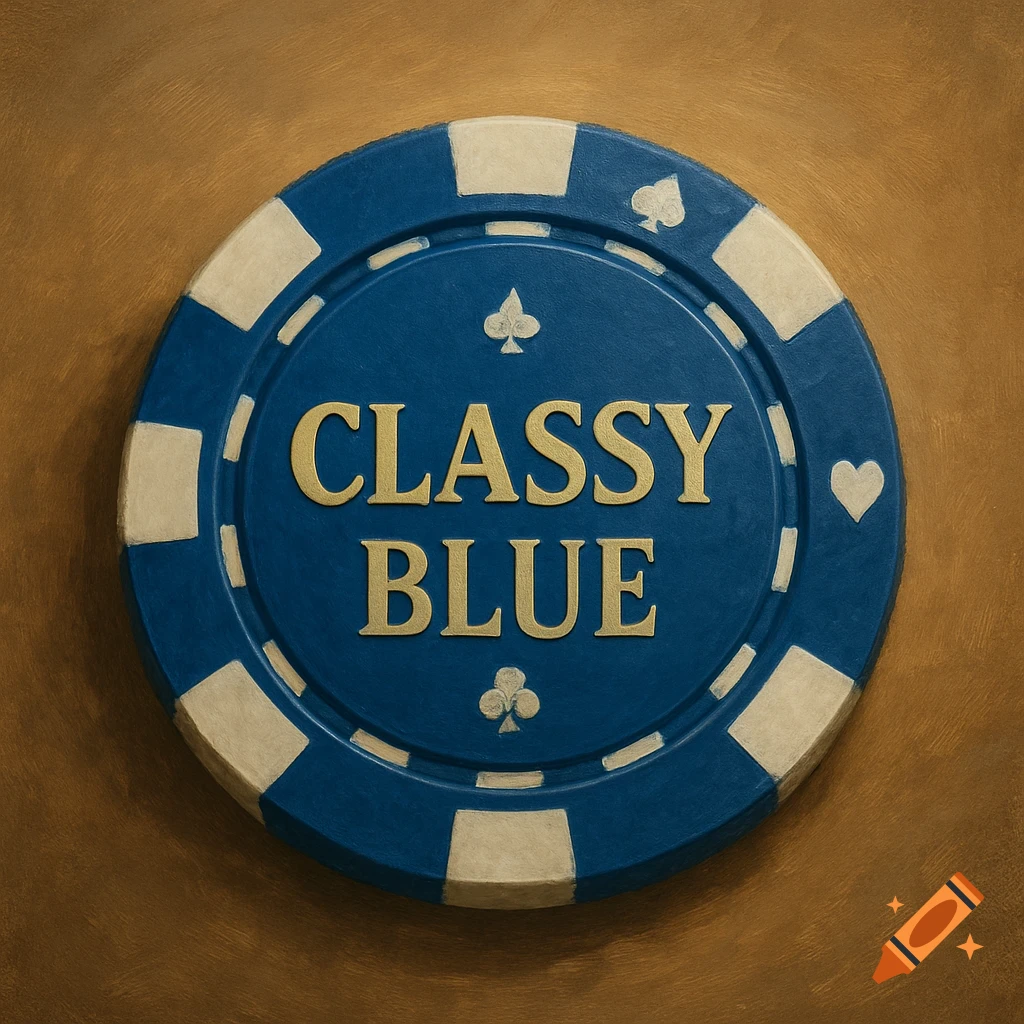 A blue poker chip with the text 'CLASSY BLUE' and card suit symbols ...