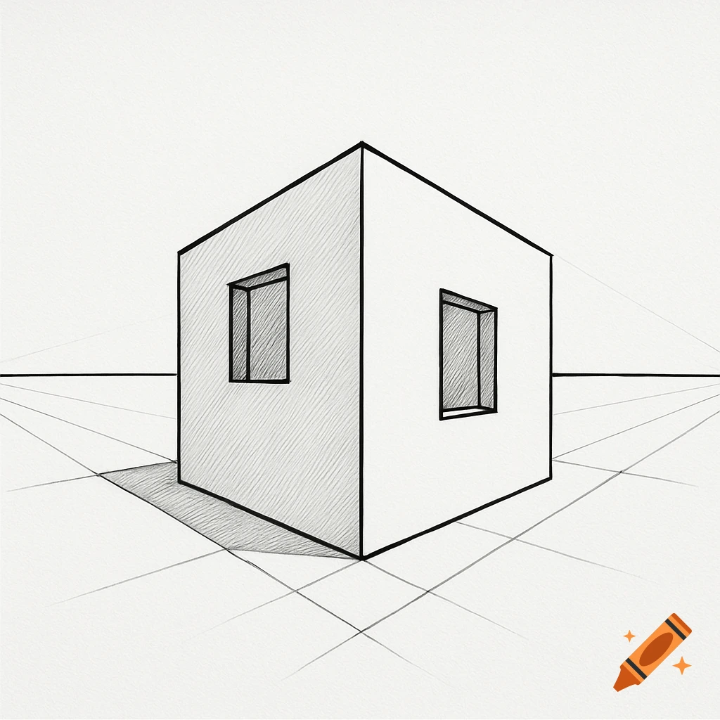 A black and white sketch of a cube in 2-point perspective with windows ...