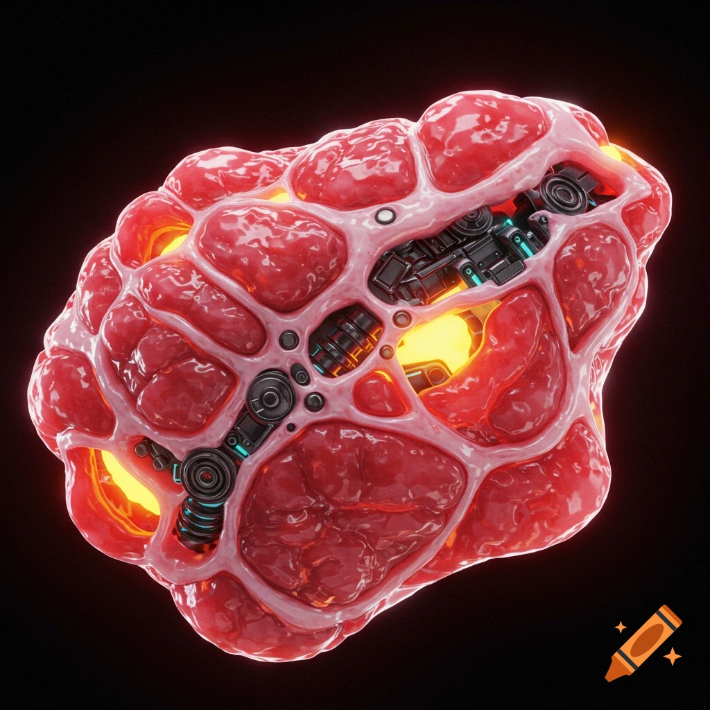 A fleshy organic mass integrated with glowing mechanical components. on ...