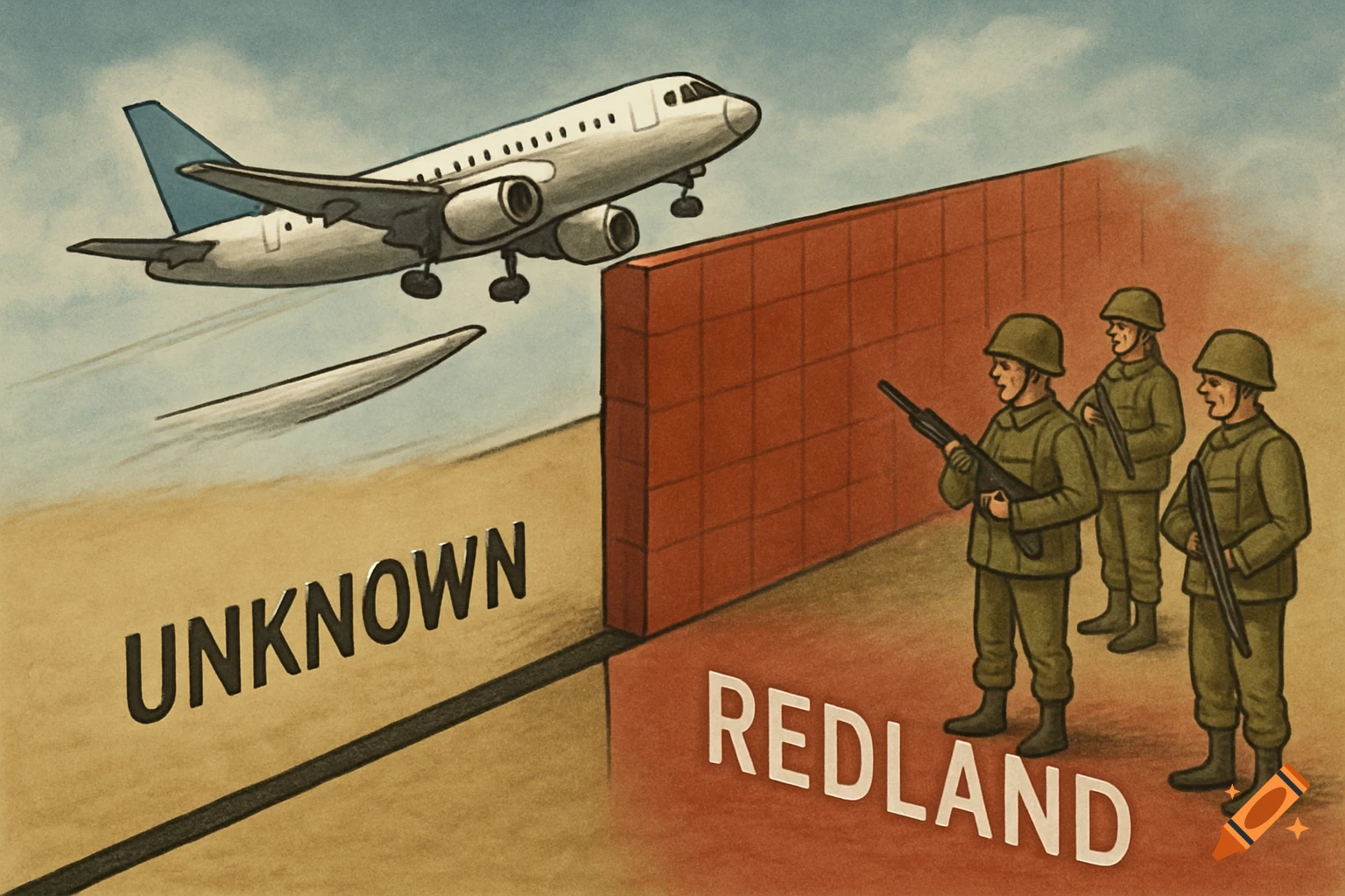 Cartoon illustration of an airplane flying over a border wall from ...