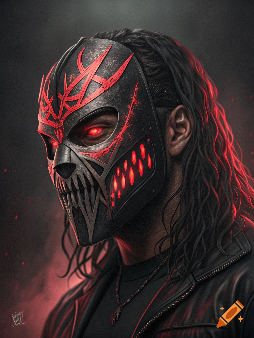 Close up portrait of a person wearing a fearsome black and red demonic ...