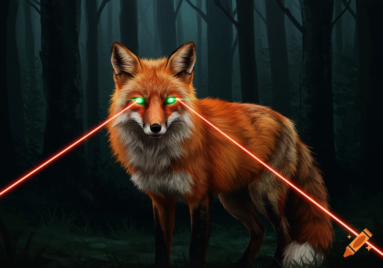 A red fox with glowing green eyes shooting red lasers in a dark forest ...