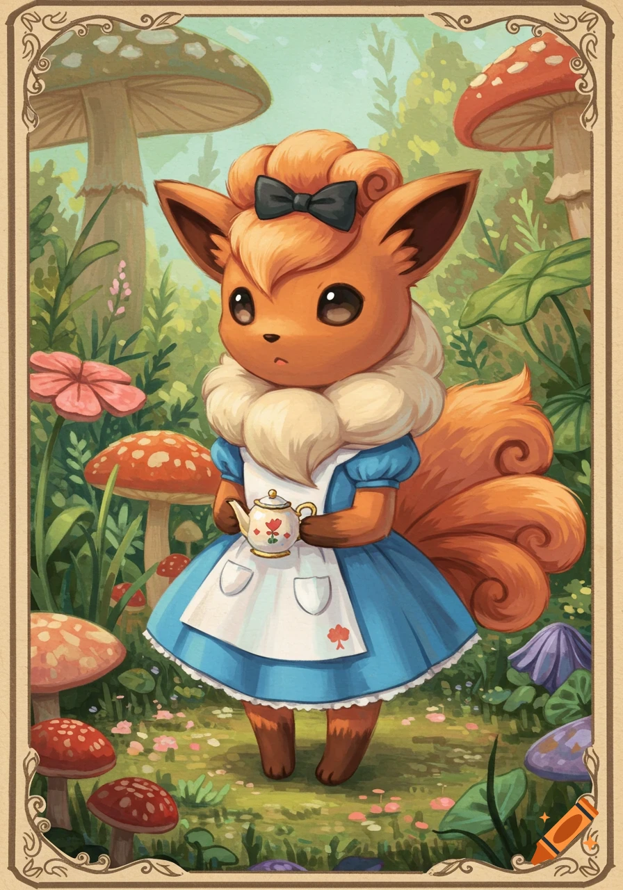 Cute Vulpix dressed as Alice in Wonderland holding a teapot in a ...
