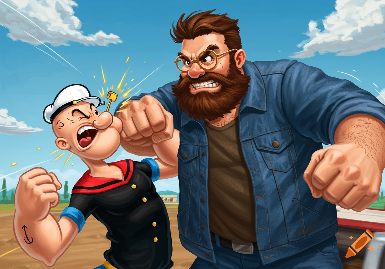 Cartoon illustration of a bearded man in glasses punching Popeye in the ...