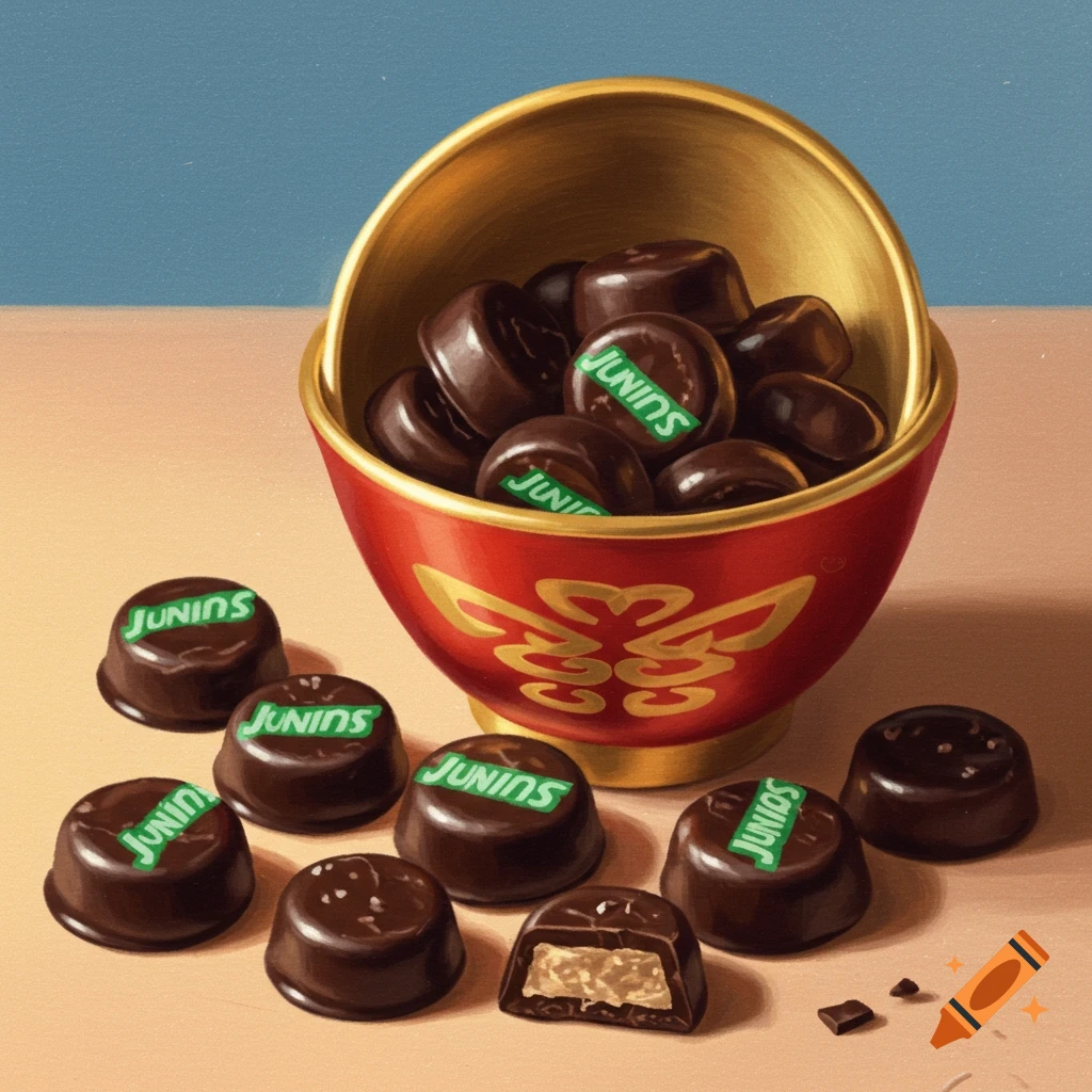 A still life painting of chocolate candies in and around a red and gold ...