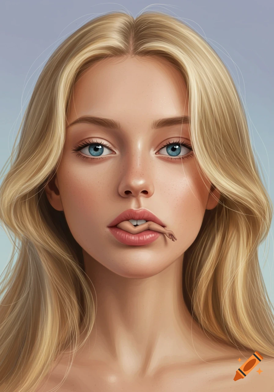 Realistic portrait of a blonde woman with a small arm coming out of her ...