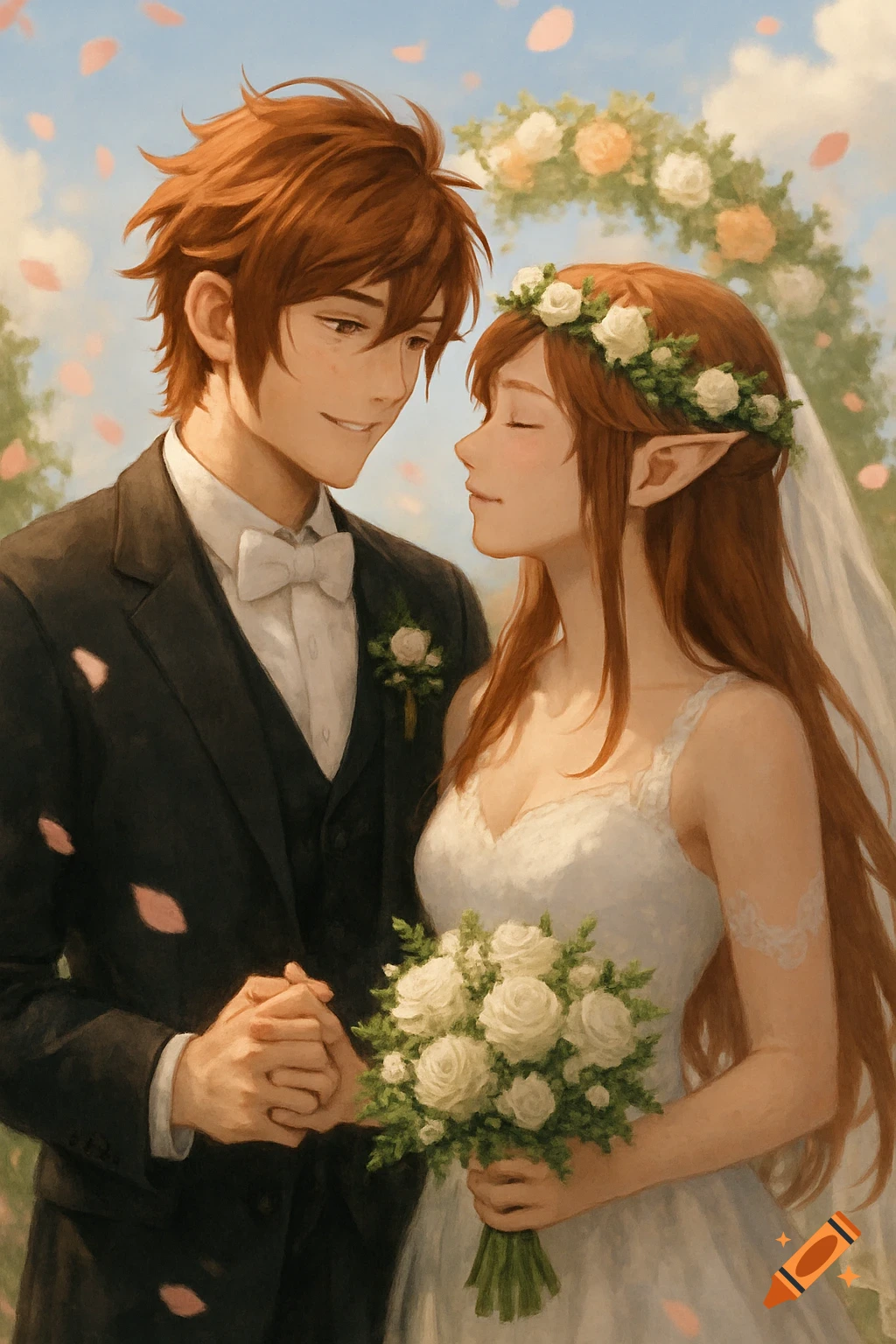 Anime illustration of an elf bride and human groom holding hands at ...
