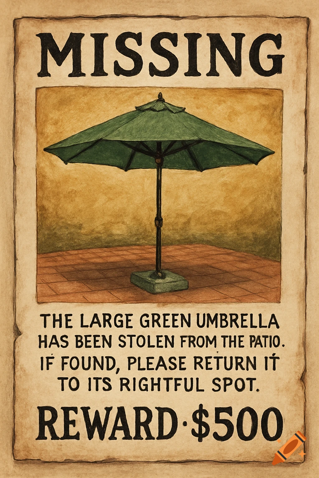 Hand-drawn missing poster for a green patio umbrella. on Craiyon