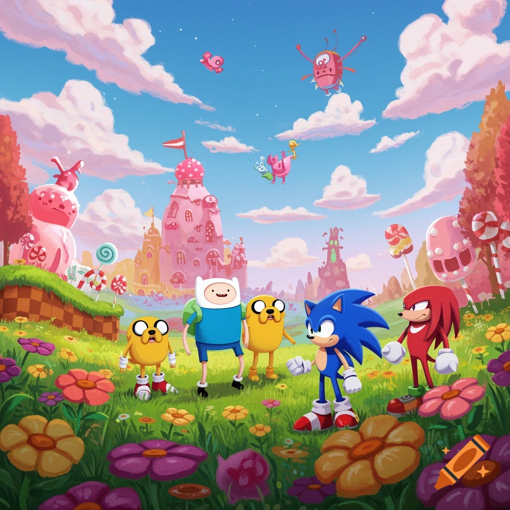 Finn and Jake from Adventure Time stand with Sonic and Knuckles in a ...