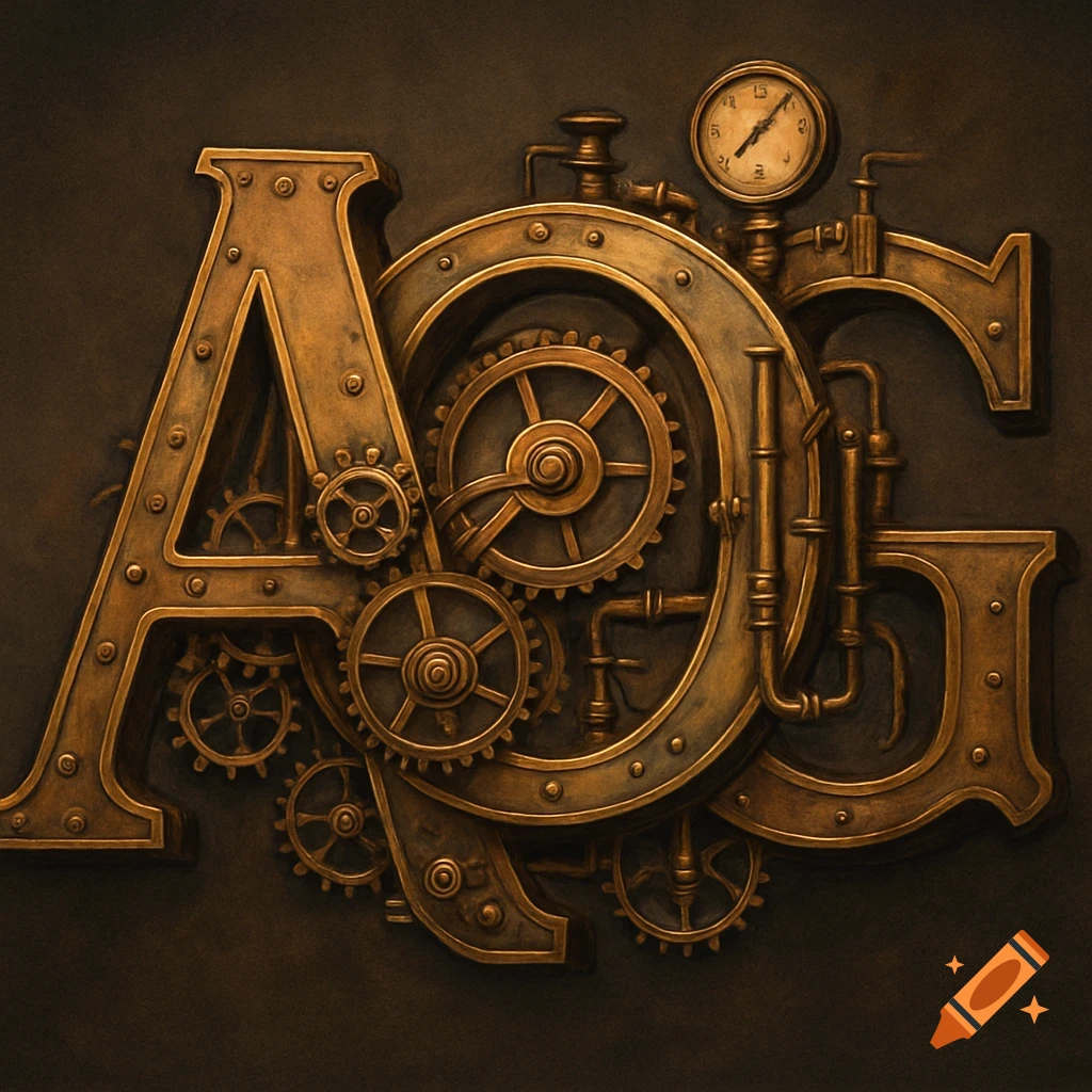 Steampunk style letters AOG made of metal with gears and pipes on Craiyon