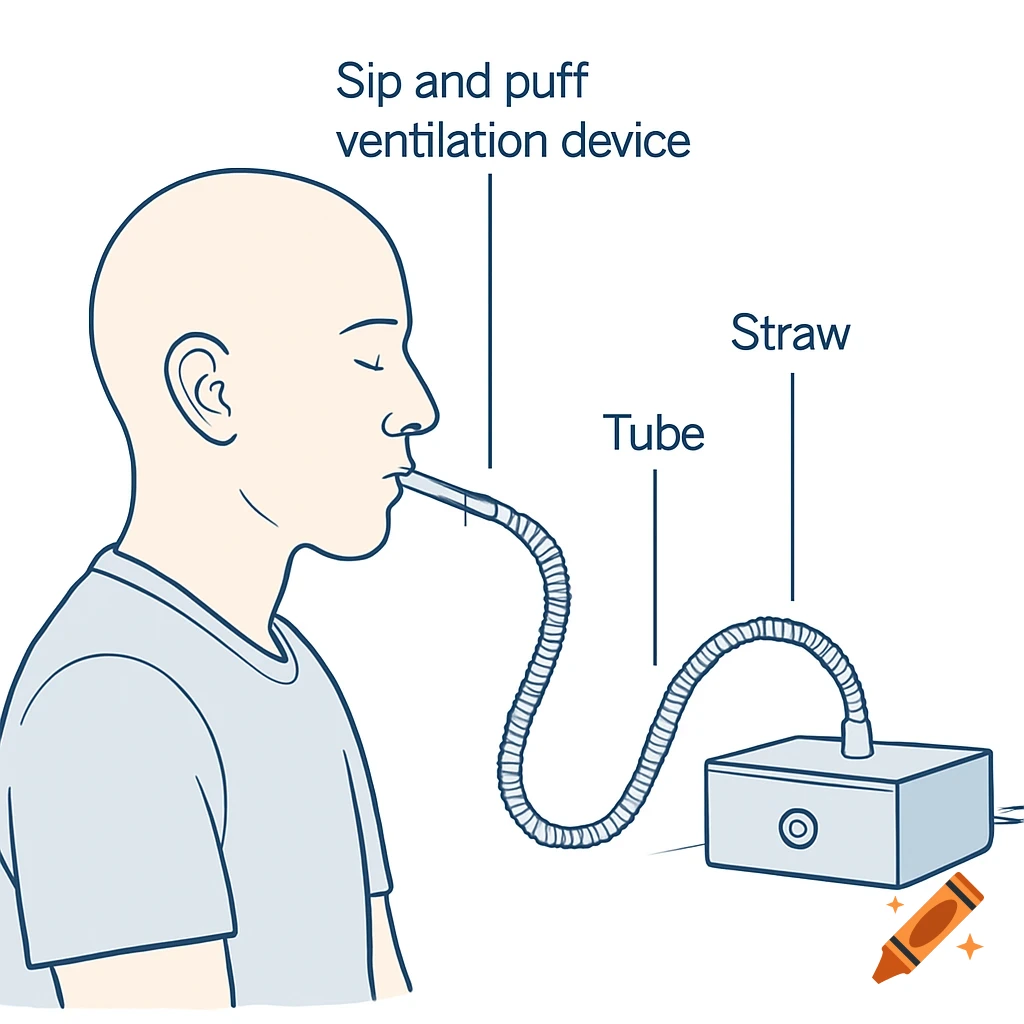 Diagram of a person using a sip and puff ventilation device with labels ...