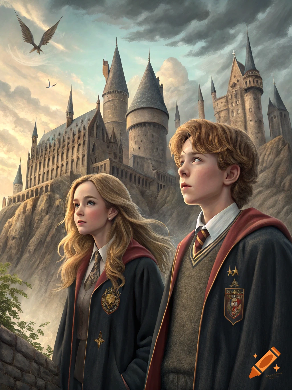 Two young students in wizarding robes stand in front of a large castle, possibly Hogwarts, under ...