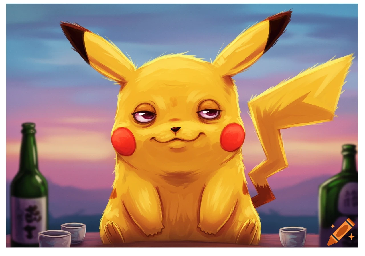 A sleepy-looking Pikachu sits at a bar with bottles and shot glasses ...