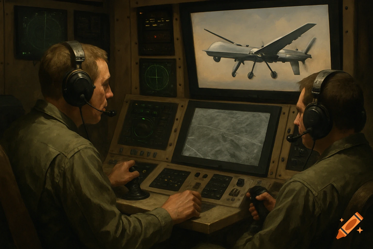 Two men in a control room operating controls with a drone displayed on ...