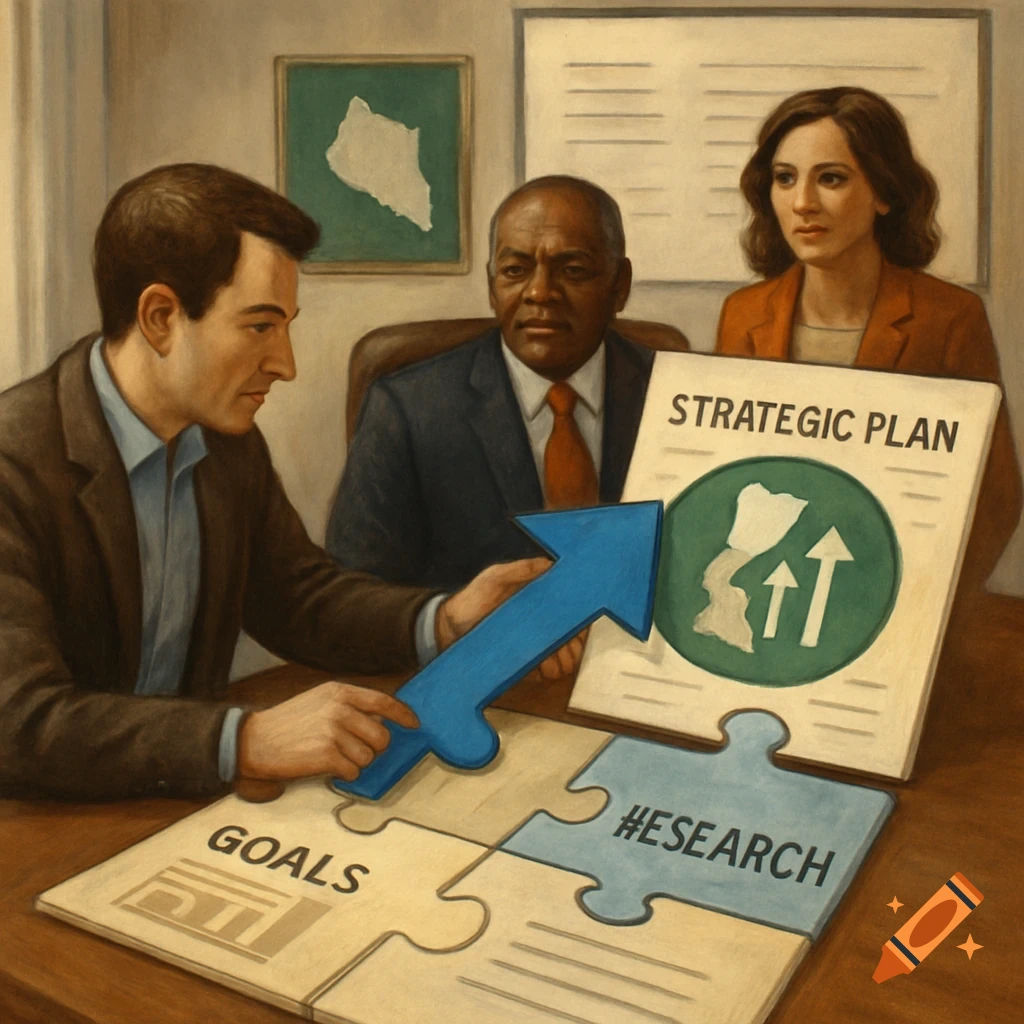 Three professionals look at a strategic plan puzzle with goals and ...