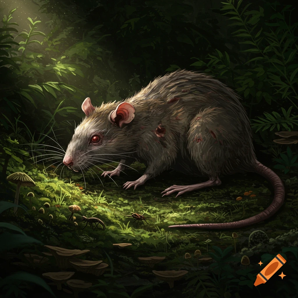 A detailed illustration of an injured rat with red eyes on a dark ...
