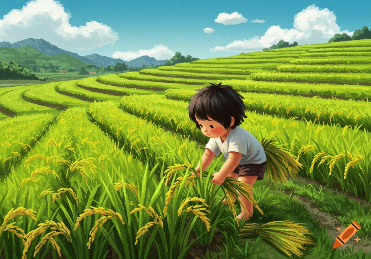 Illustration of a child picking rice in green terraced fields with ...