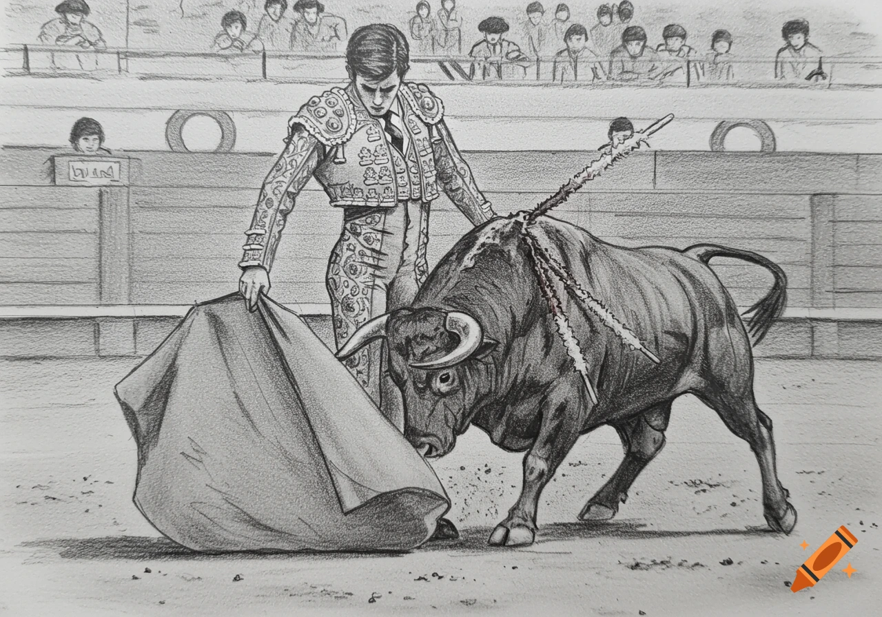 Pencil drawing of a matador facing a bull in a bullring on Craiyon