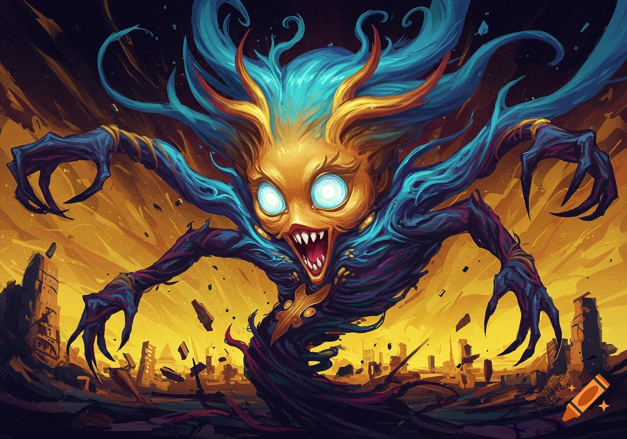 Monstrous creature with blue hair and glowing eyes attacking a destroyed city, digital art. on ...