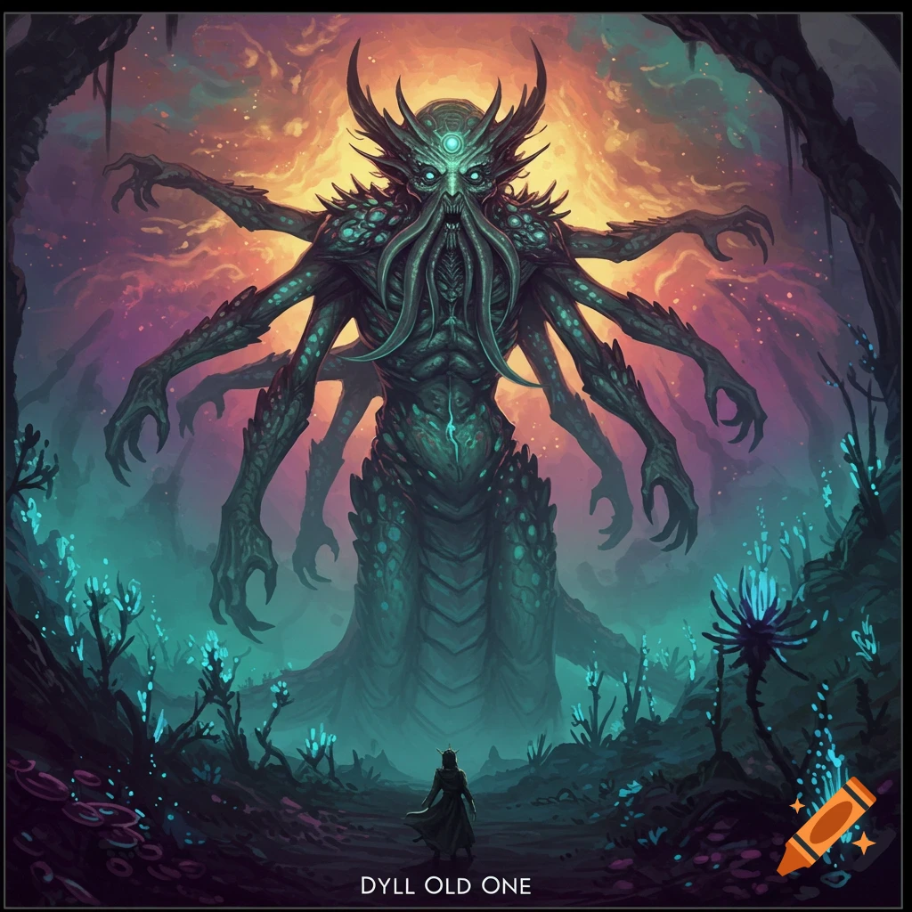 A large, tentacled, multi-limbed cosmic horror creature towers over a ...