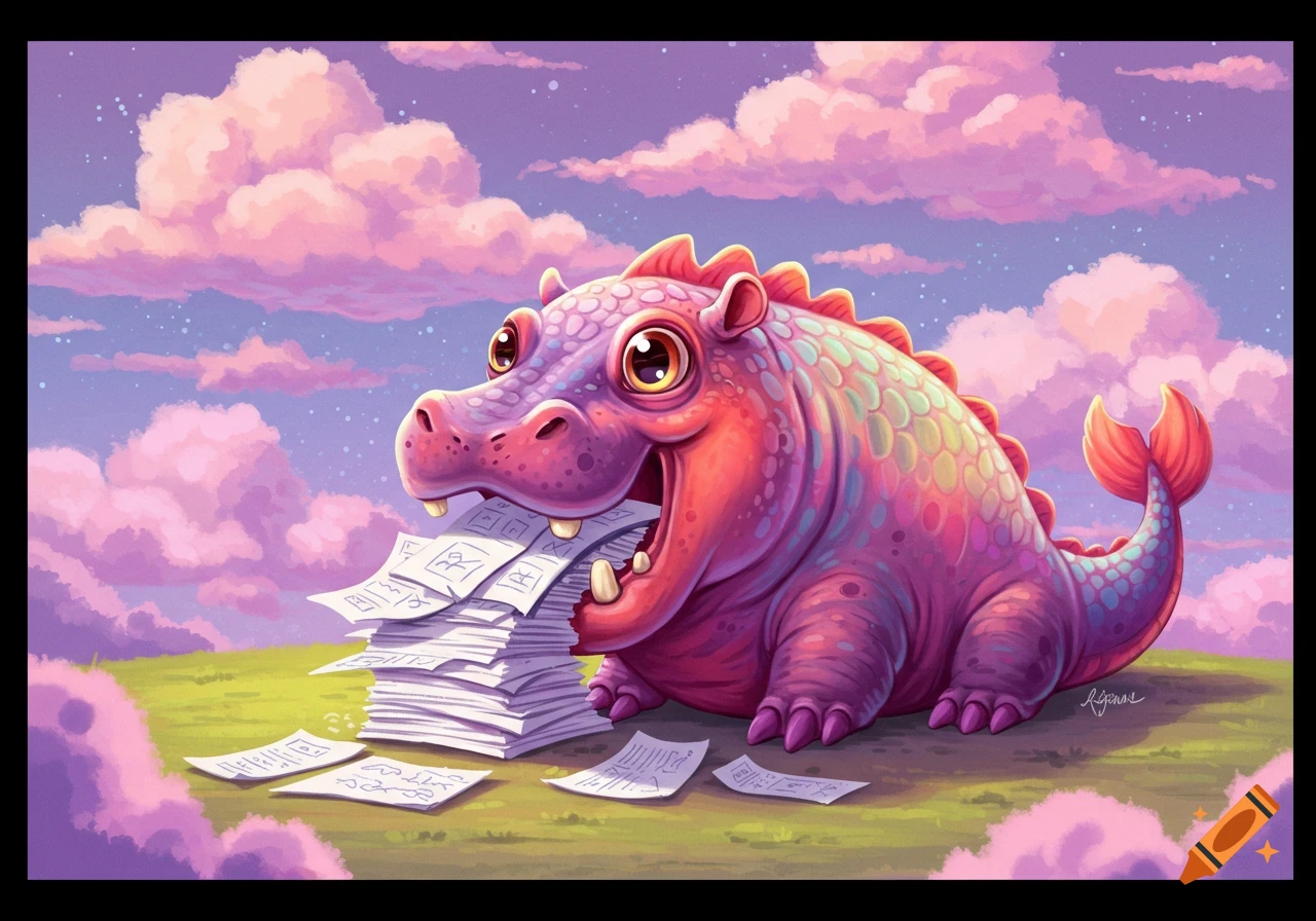 Cute pink fantasy creature eating a stack of papers in a field under ...