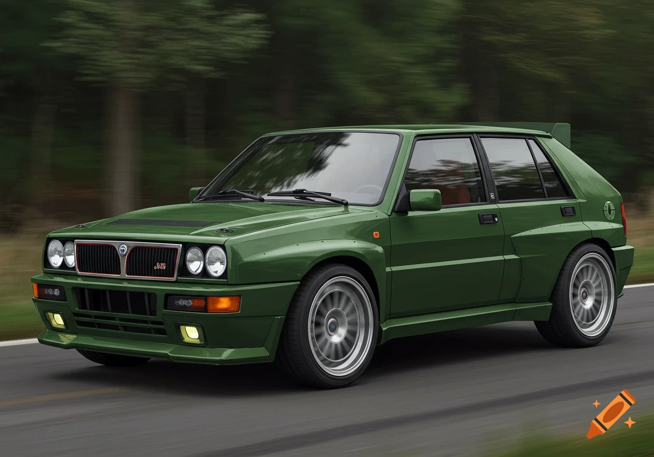 A green Lancia Delta Integrale drives on a road with motion blur. on ...