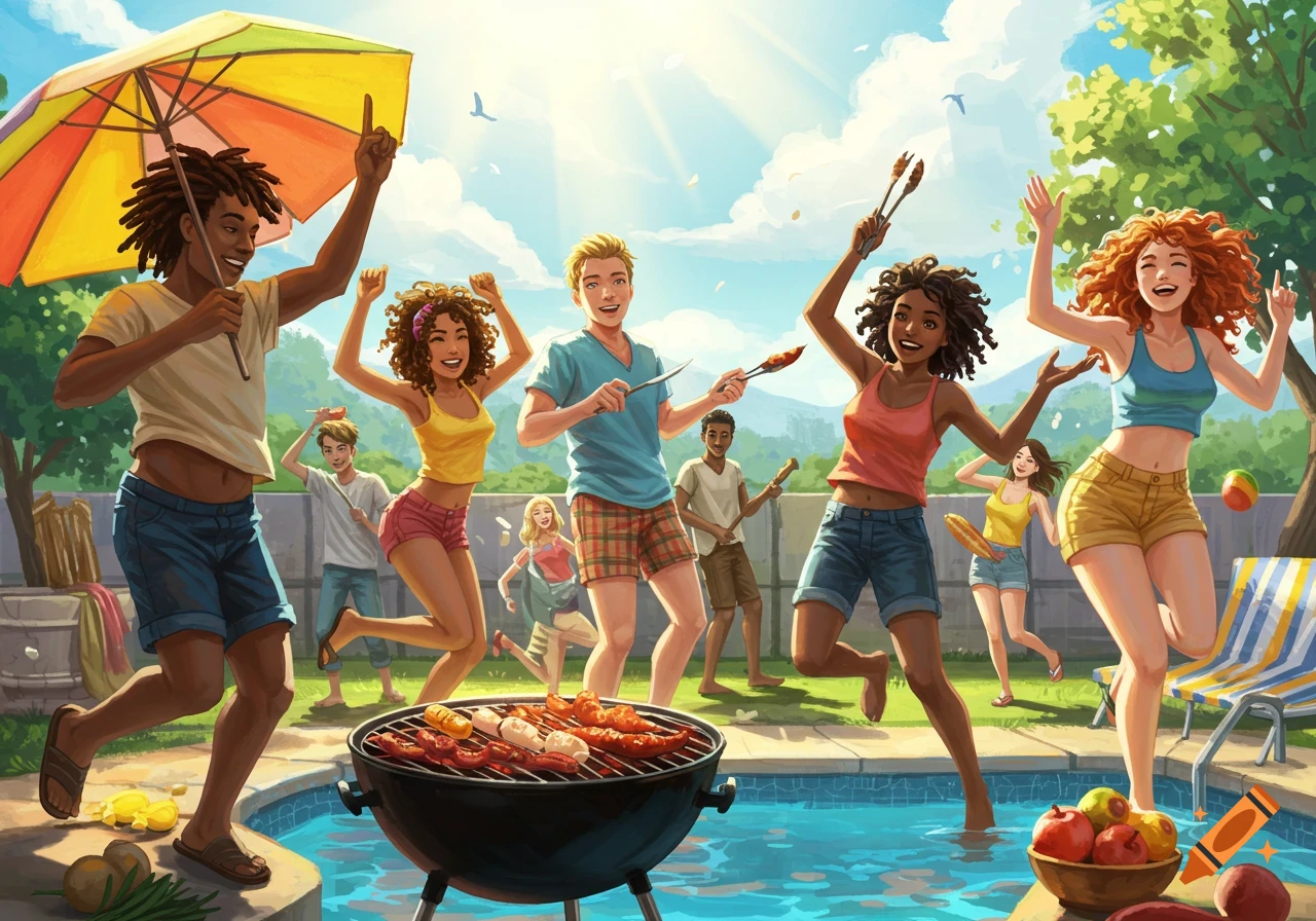 Animated illustration of diverse young adults dancing and barbecuing by ...