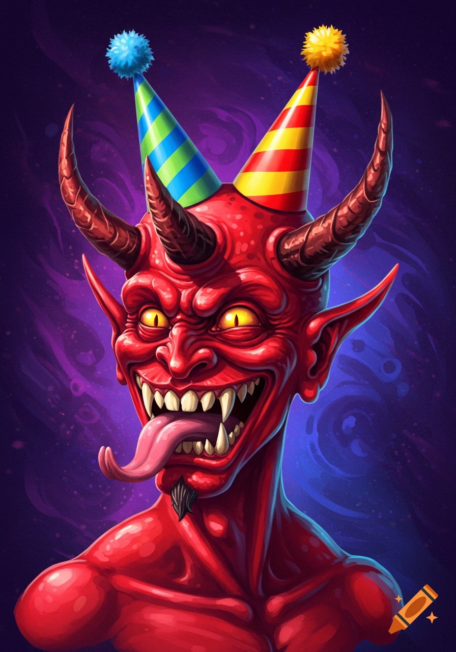 A red devil cartoon character wearing two colorful party hats and ...