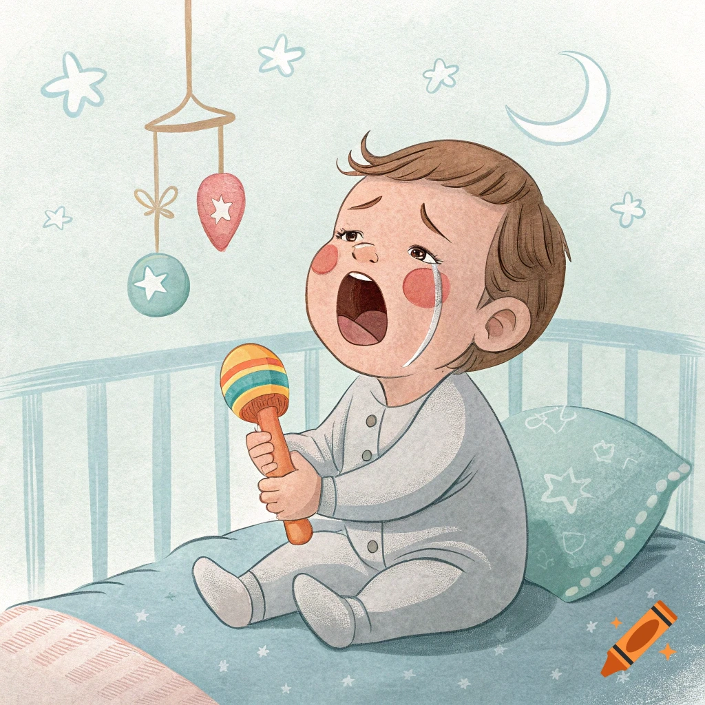 Illustration of a crying baby in a crib holding a rattle. on Craiyon