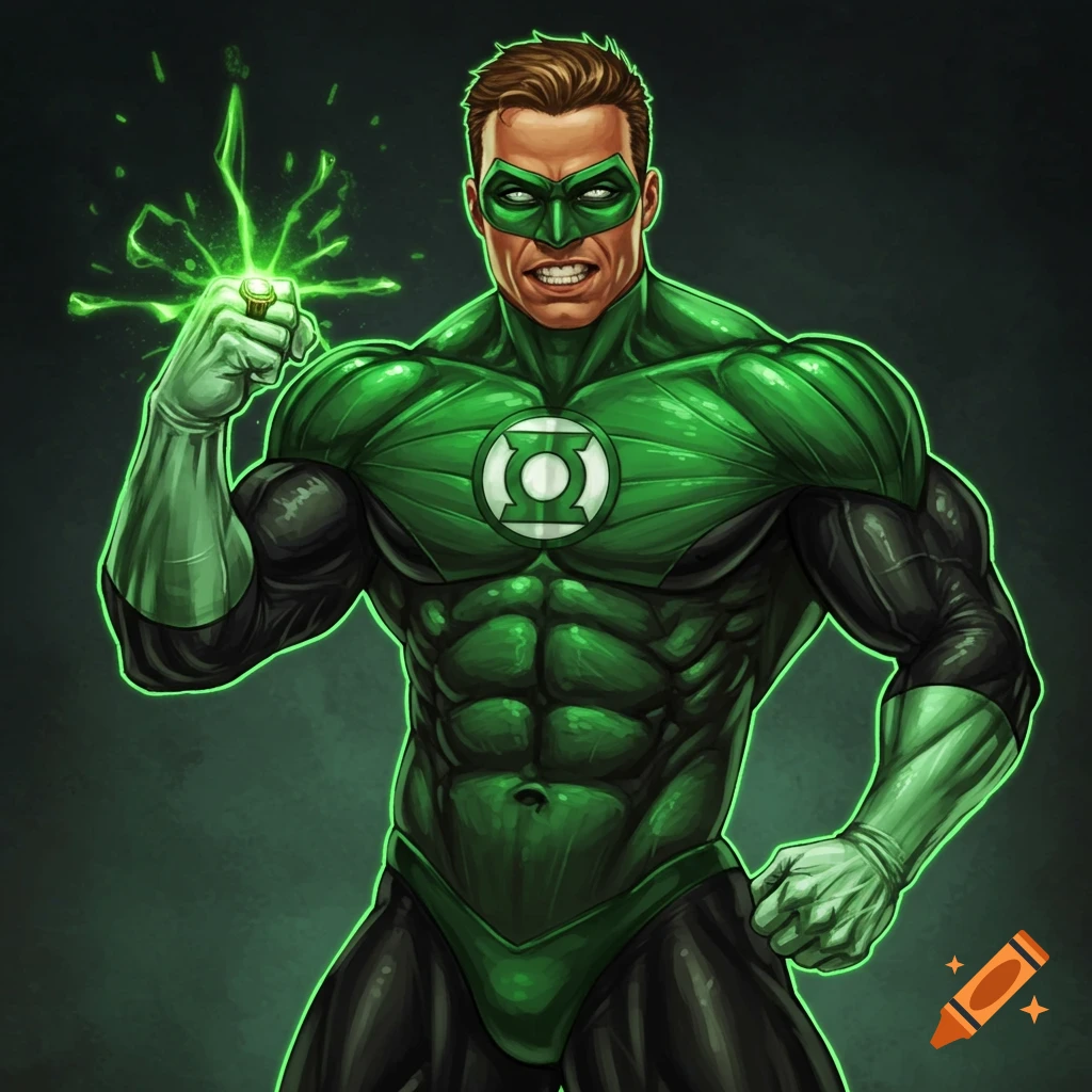 Illustration of a muscular Green Lantern flexing, showing his glowing ...
