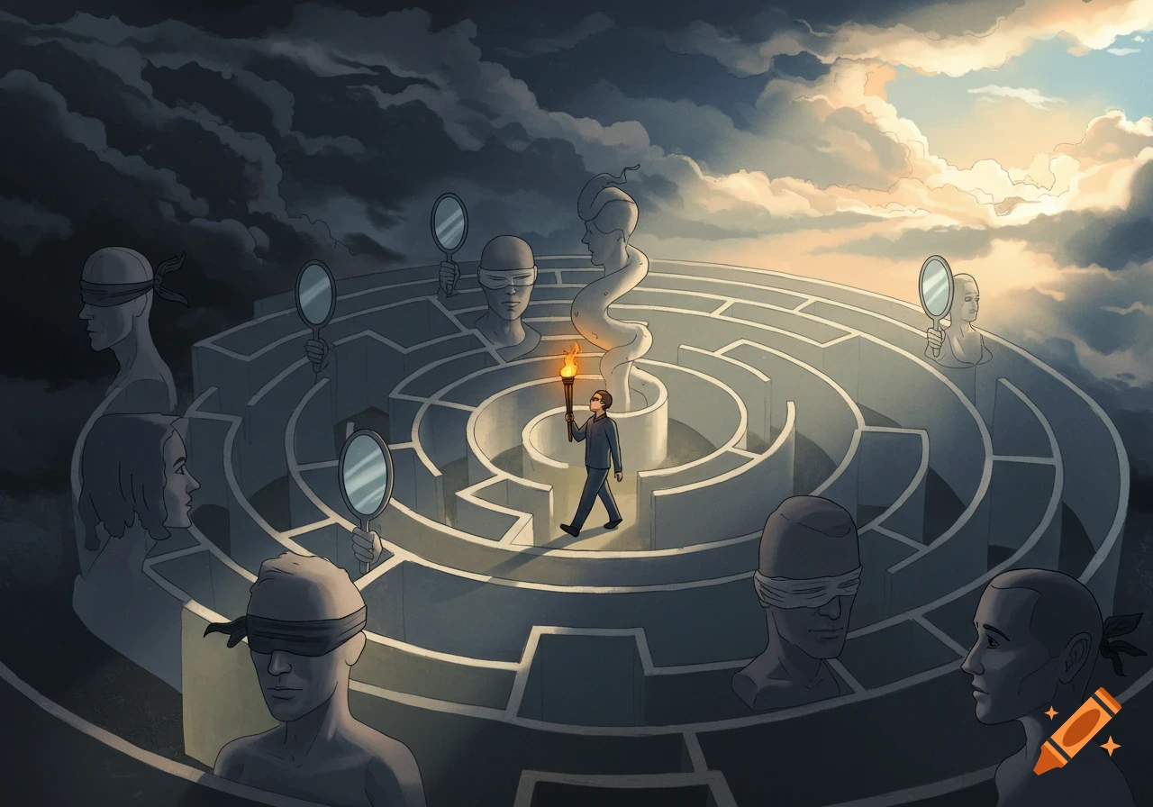 A person with a torch walks through a maze of stylized faces and busts ...