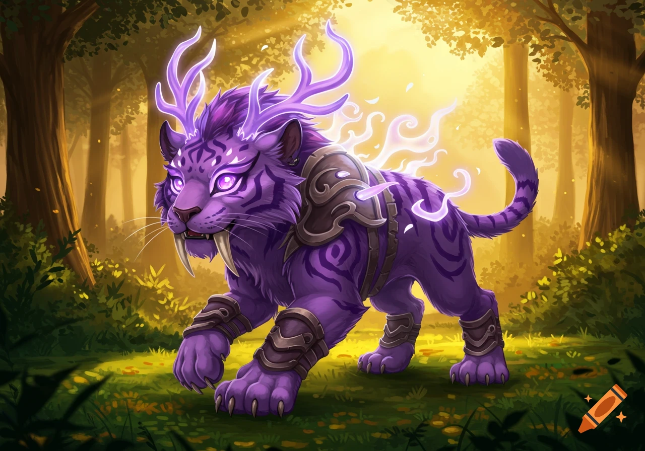 A purple saber-toothed tiger druid with glowing eyes and ethereal ...