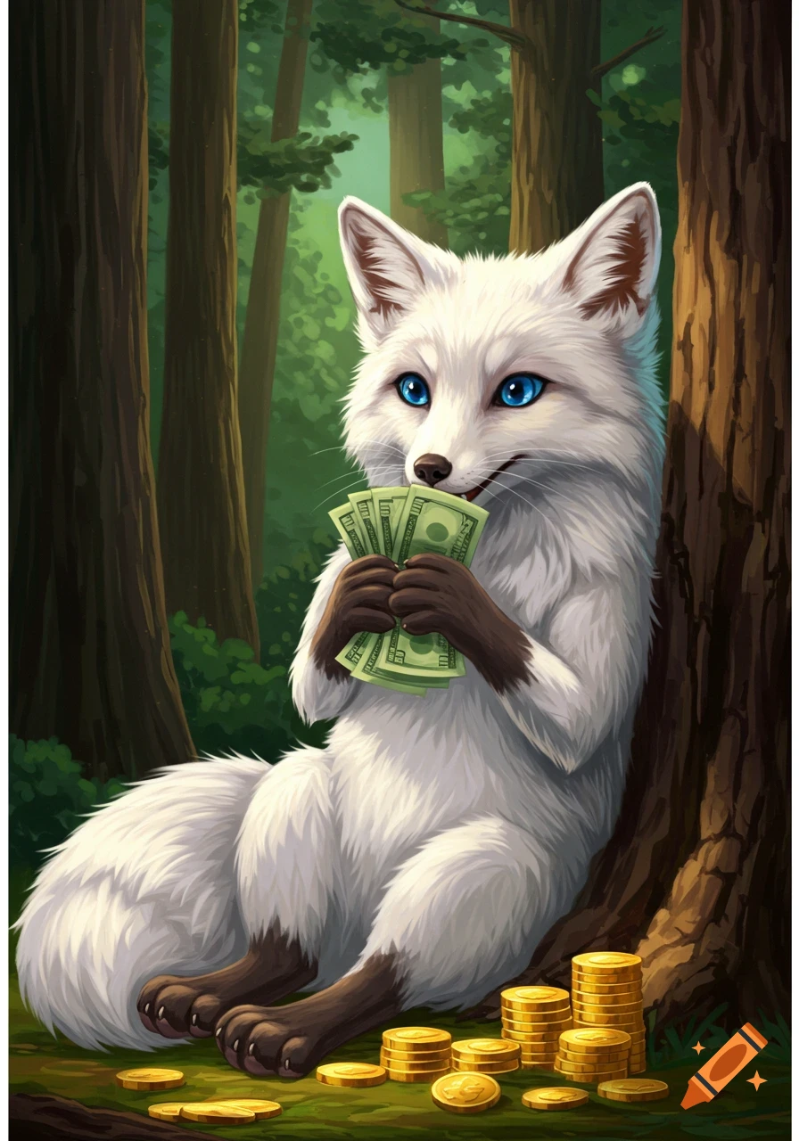 White fox with blue eyes holding dollar bills in a forest, surrounded ...