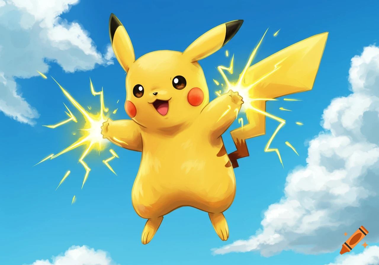 Pikachu flying and generating electricity in a bright blue sky with ...