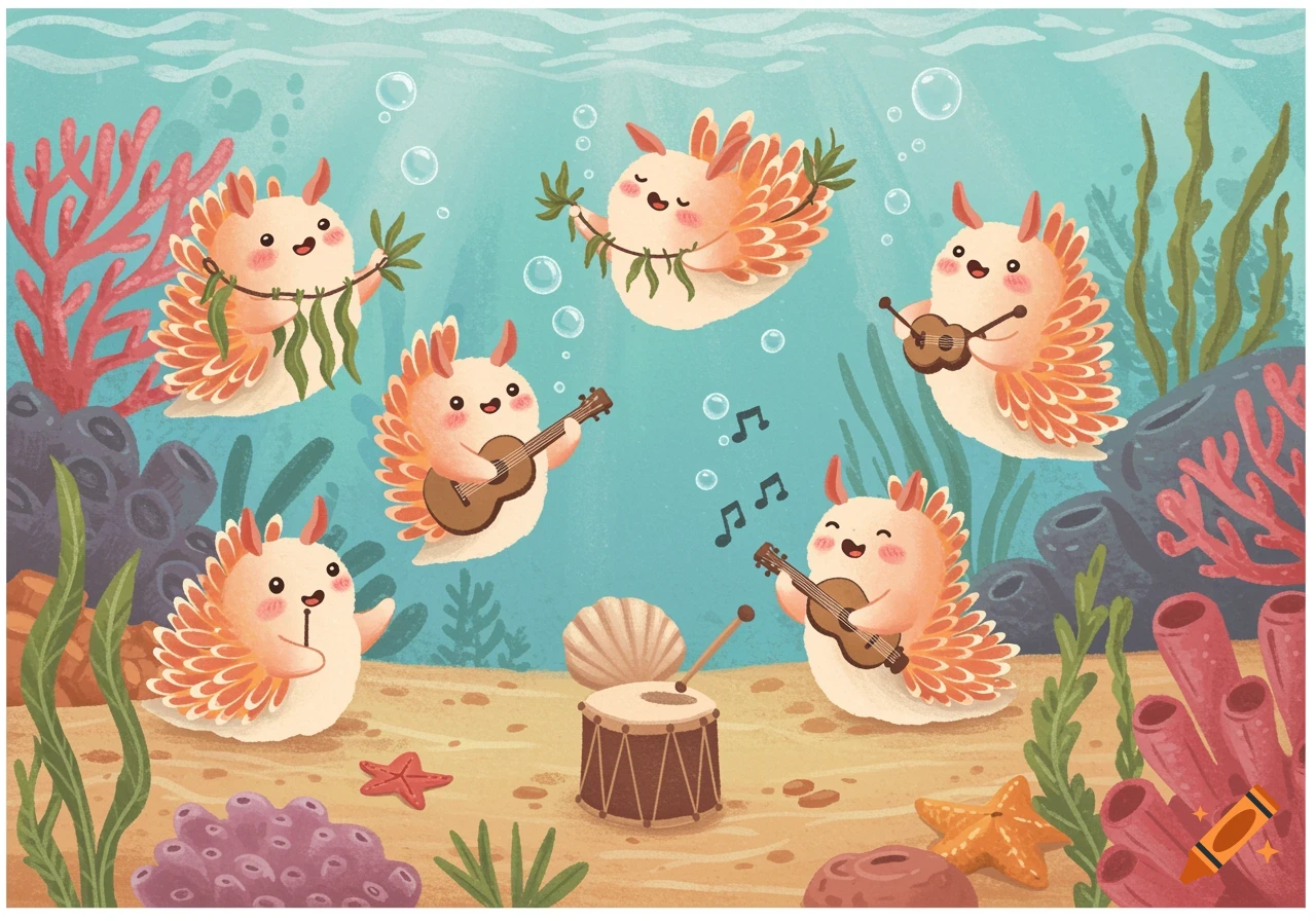 Cute cartoon sea slugs playing music underwater on Craiyon