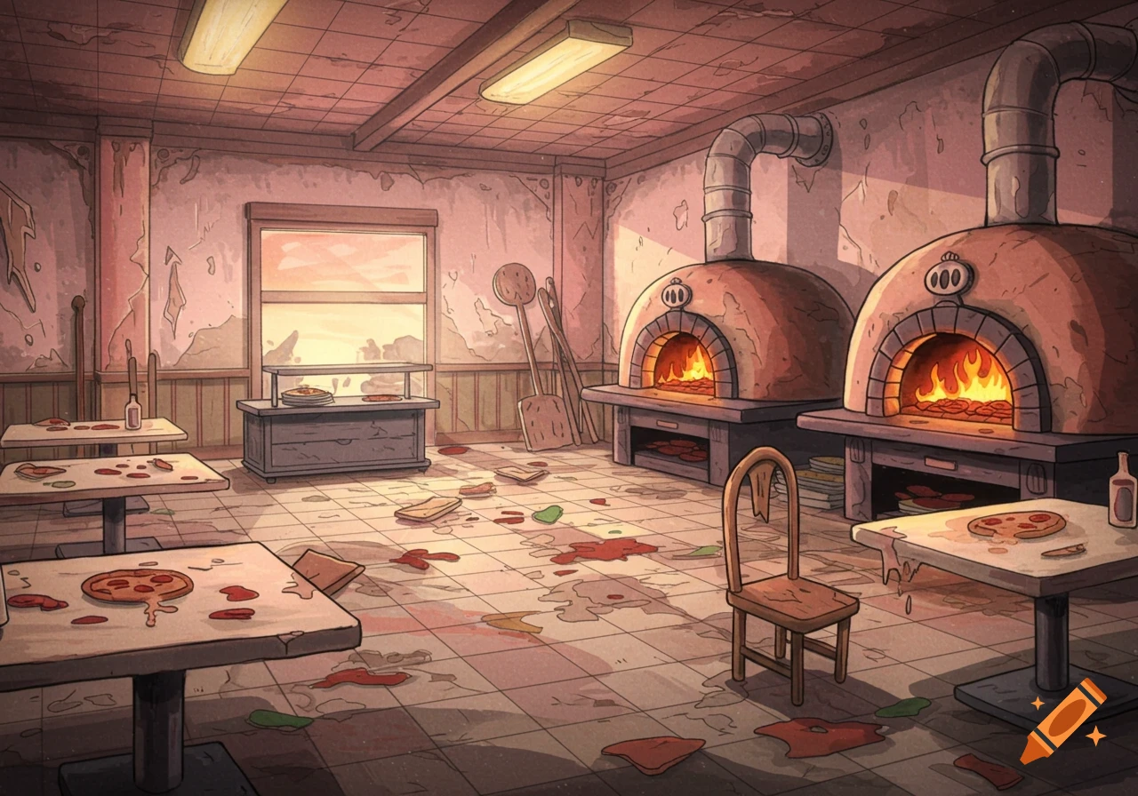 Cartoon watercolor illustration of an empty, messy pizzeria interior ...